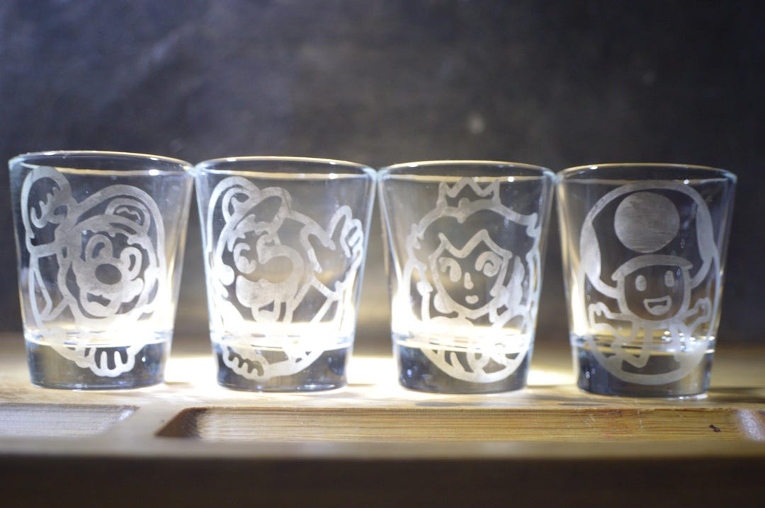 Mario, Luigi, Peach, Toad Etched Shot Glass Set of 4 Fanart READY FOR ...