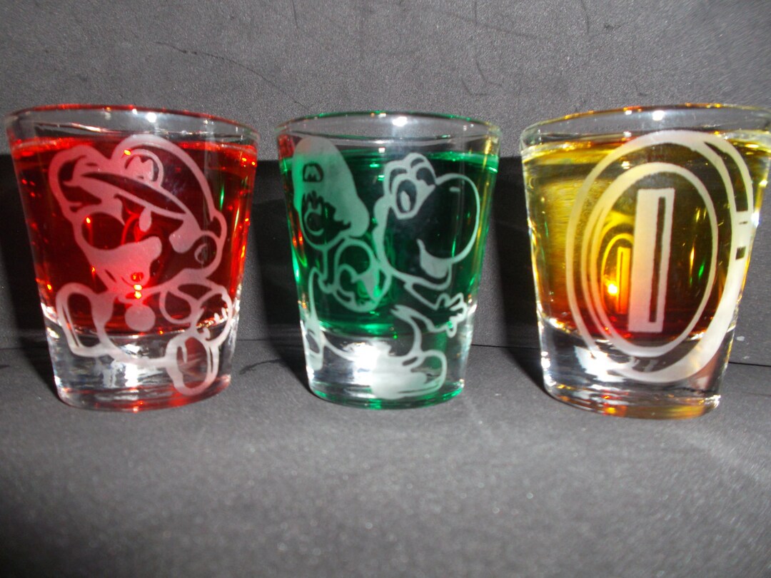 Etched Paper Mario Shot Glass Set: Yoshi & Baby Mario Fan Art - Etsy