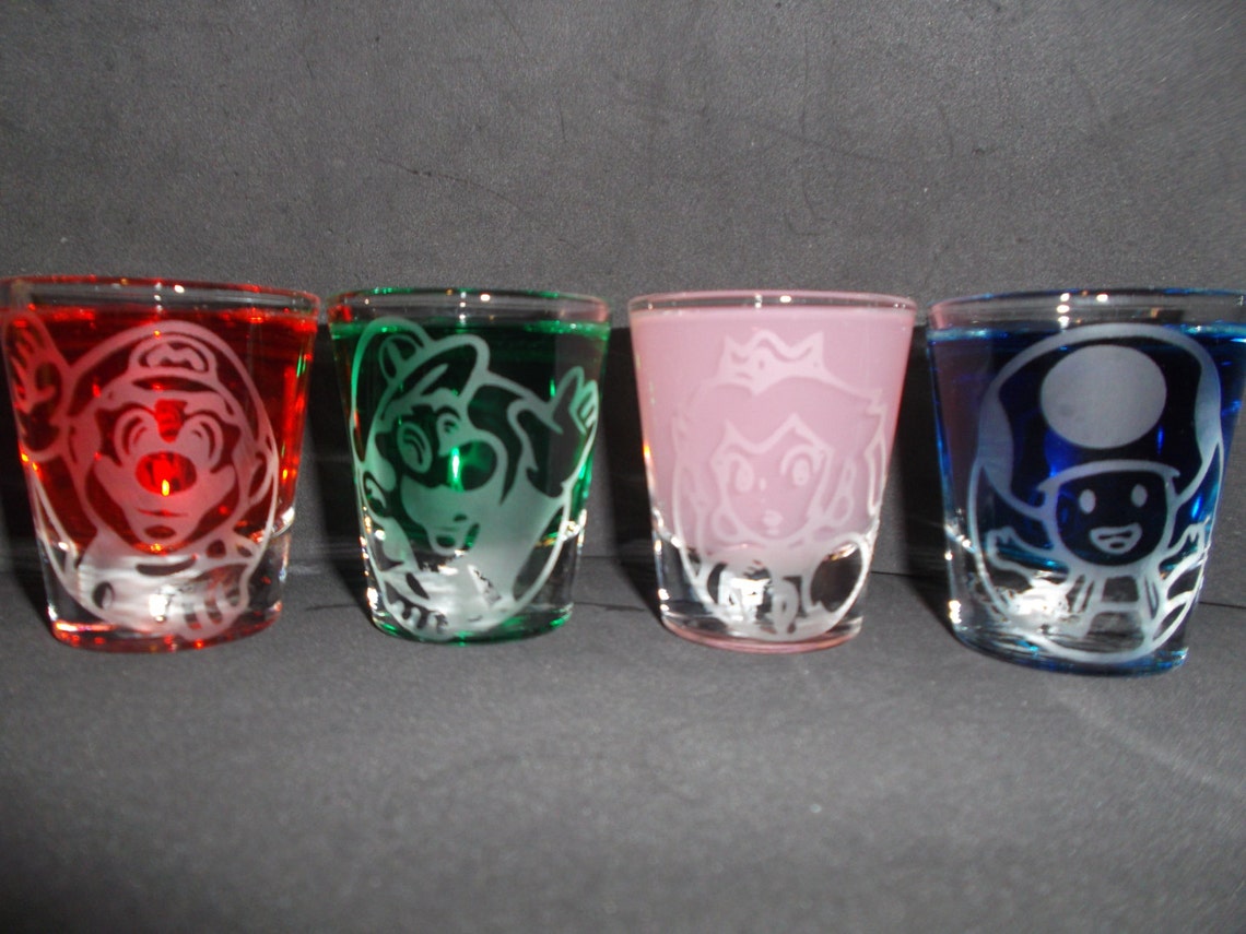 Mario Luigi Peach Toad Etched Shot Glass Set of 4 Fan Art - Etsy