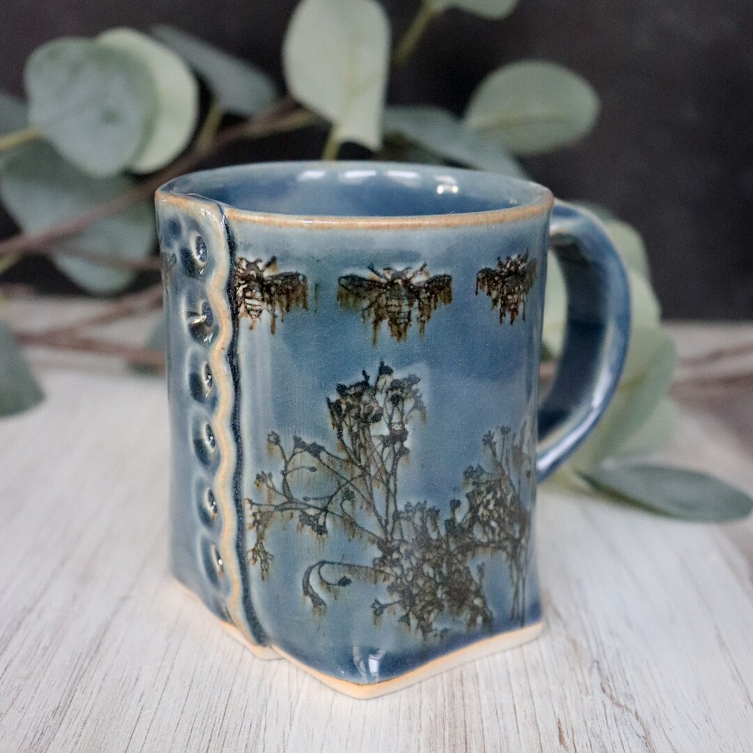 Drippy Blue Bee Button Mug, Bee Mug, Ceramic Bee Mug, Bumble Bee Mug ...