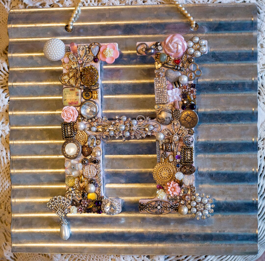 Vintage Bejeweled Letter on 12"x12" Corrugated, Aluminum - Etsy
