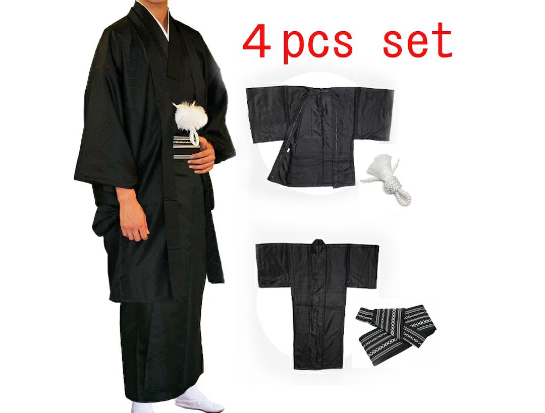 4 Pcs/ Men's Kimono, Obi Belt, Haori Jacket, Haori Himo Set/ Japanese Men Kimono Robe + Obi ...