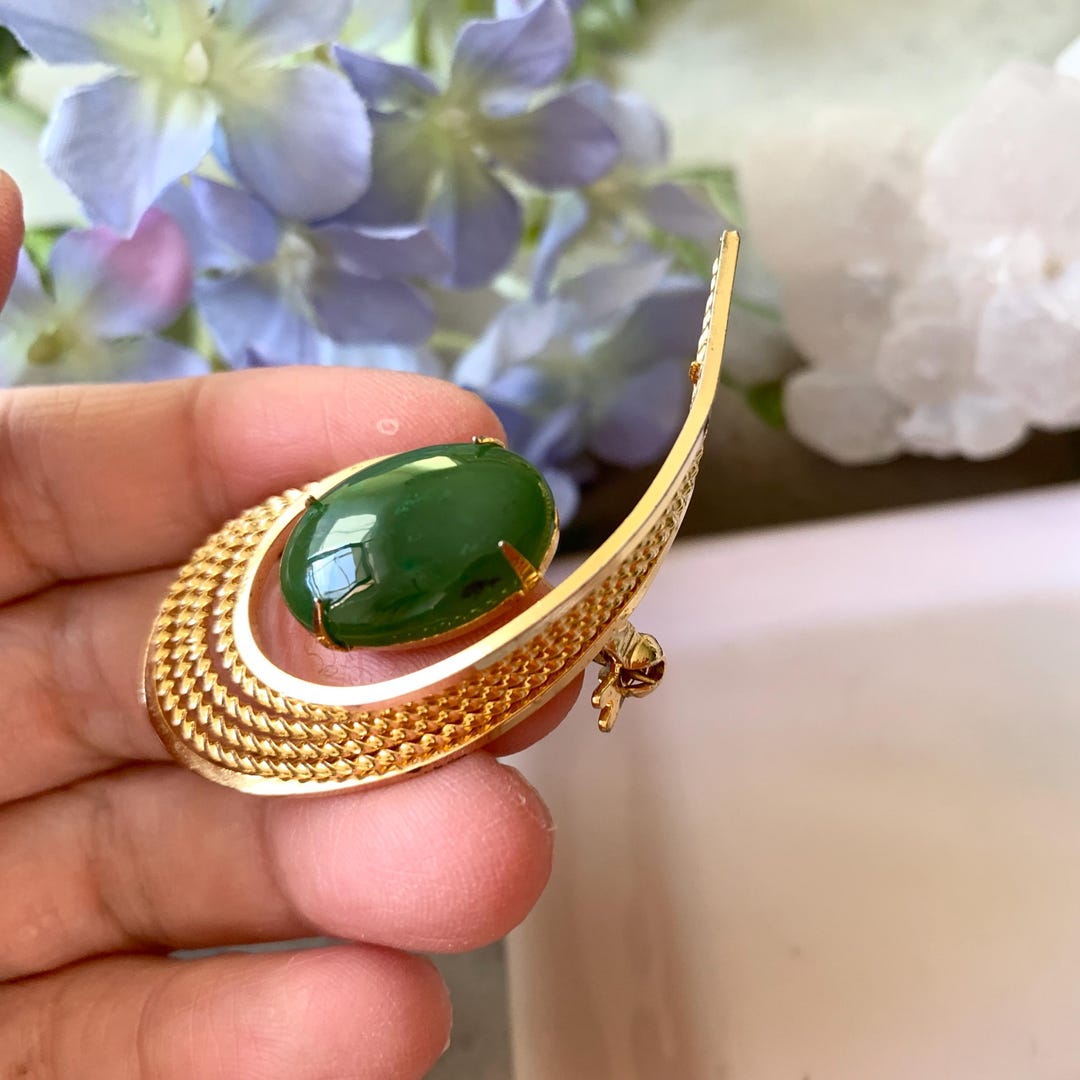 Natural Jade Brooch, Vintage Natural Genuine Jade, Golad Brooch, 110401 ...
