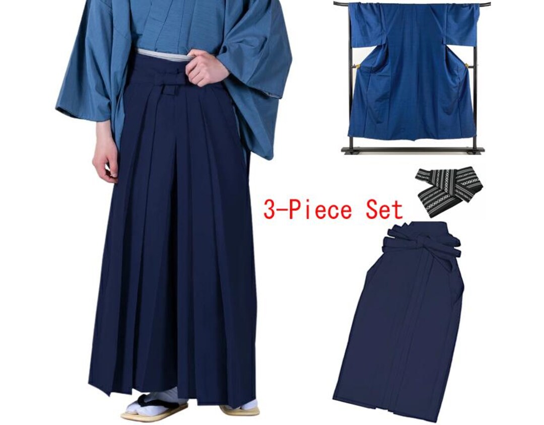 Set of 3/ Men's Kimono, Obi Belt Hakama Set/ Japanese Men Kimono Robe + Obi + Hakama/ Samurai ...