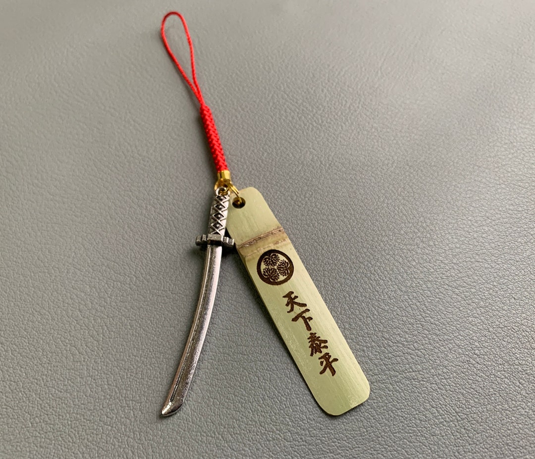 BAMBOO Netsuke Strap, Katana Sword Charm, Tokugawa Kamon, Bamboo Tag ...