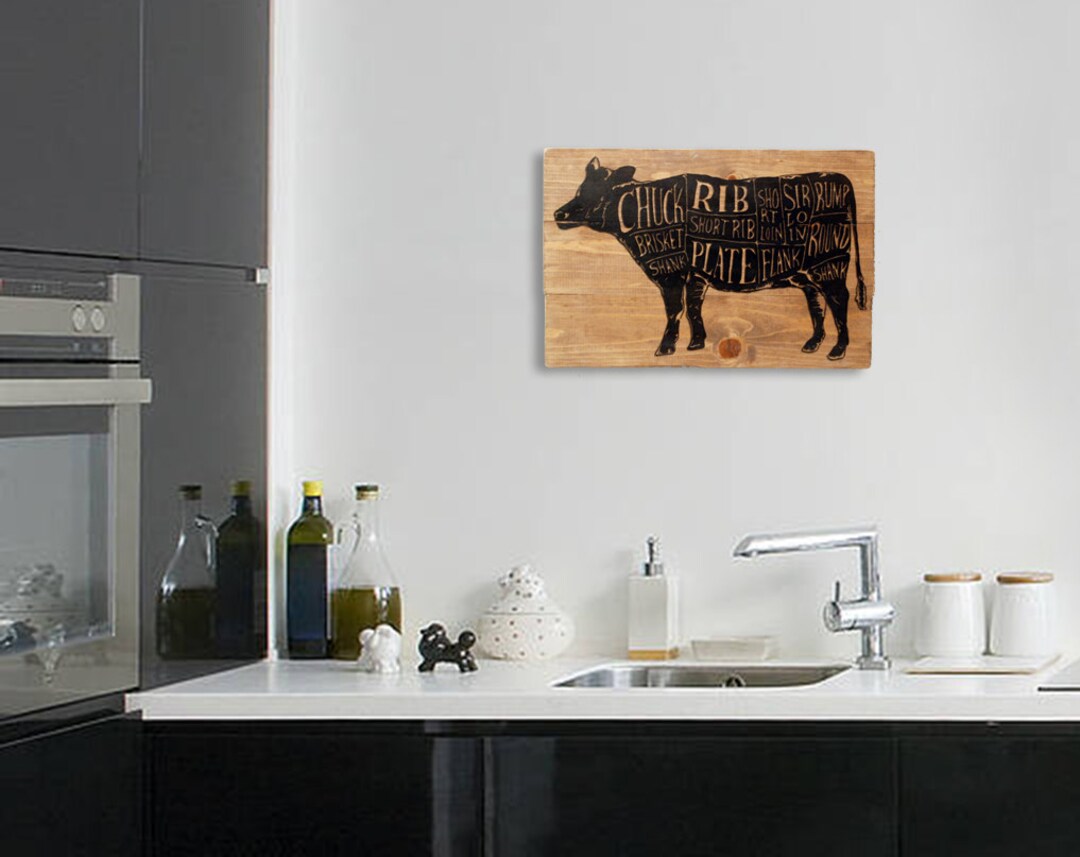 Butcher Chart Kitchen Wall Art Beef Diagram Sign on Distressed Solid ...