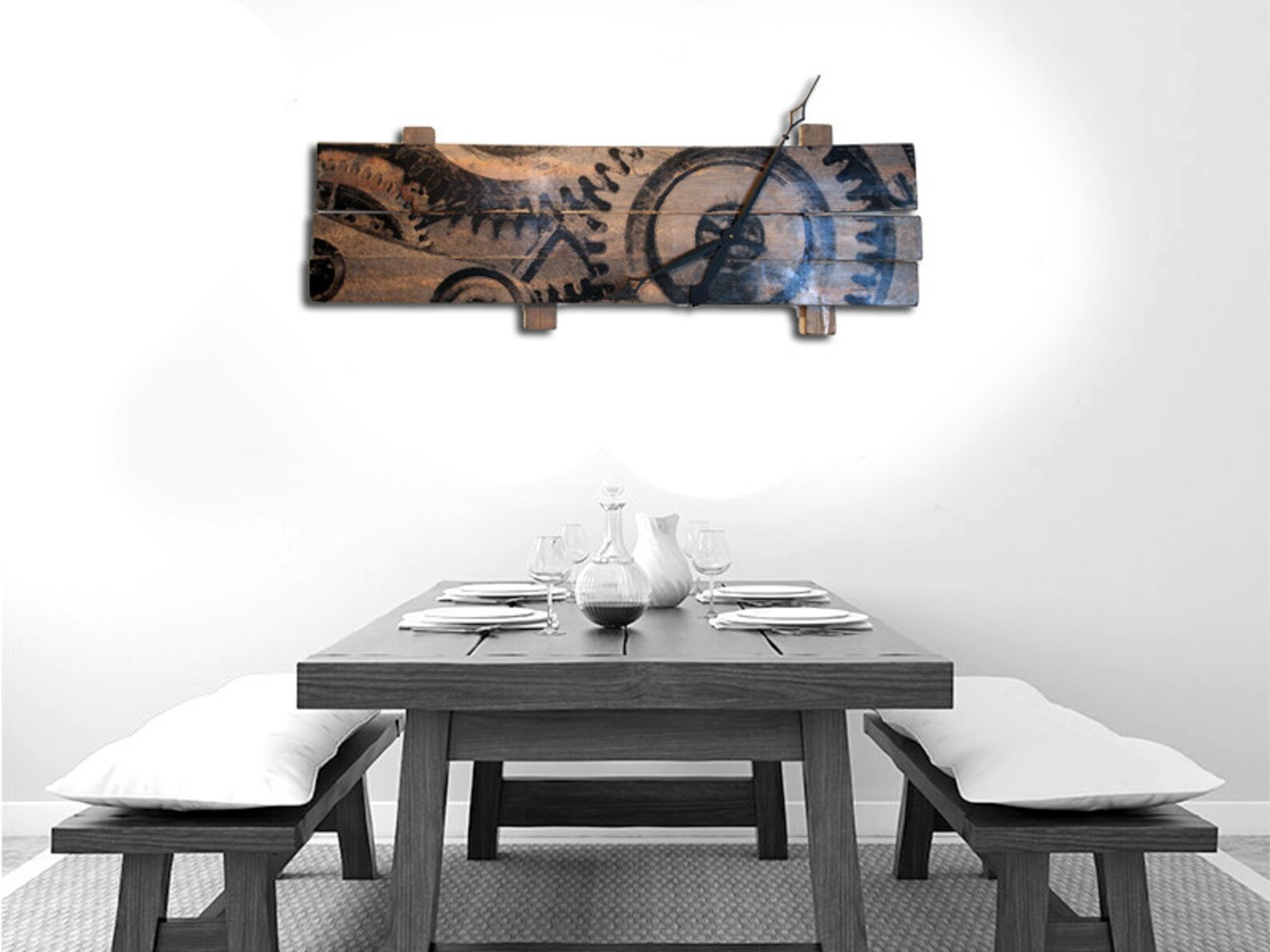 XL Wall Clock With Steampunk Style Art on Weathered Grey Solid | Etsy