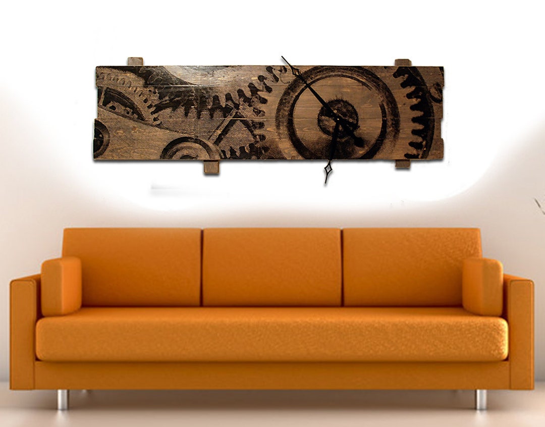 Giant Steampunk Inspired Wall Clock on Stained Distressed Wood Boards ...