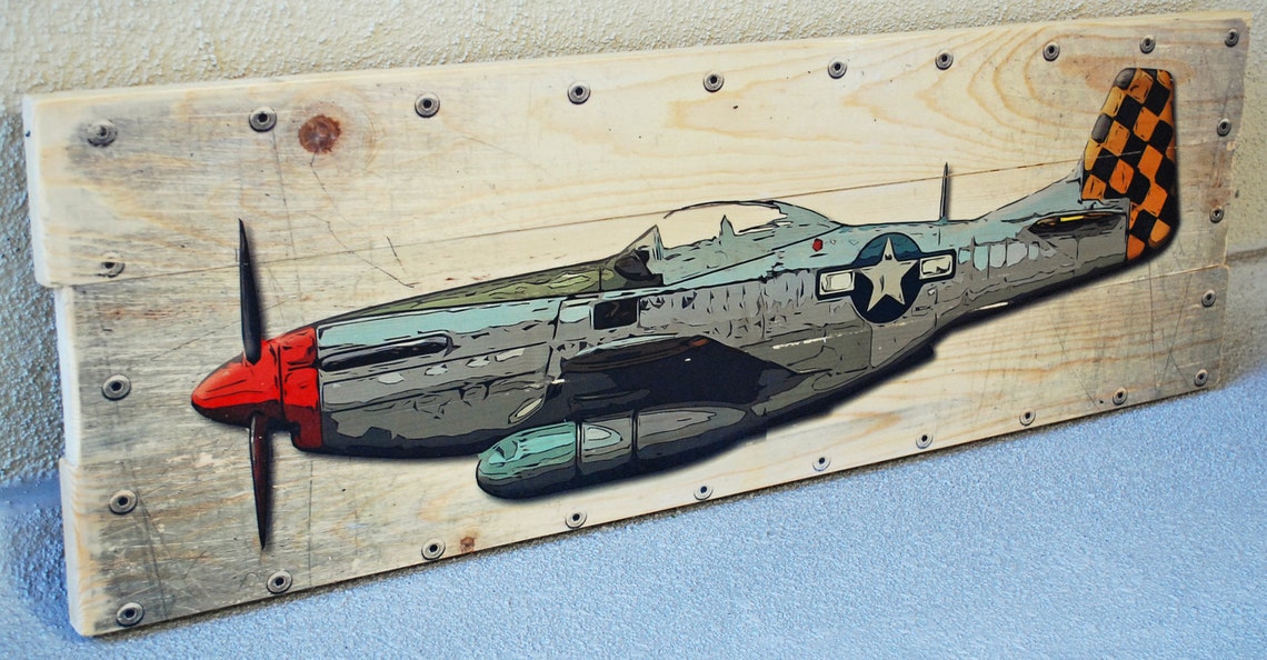Large P-51 Mustang WWII Fighter Plane Wall Art on Solid Wood - Etsy