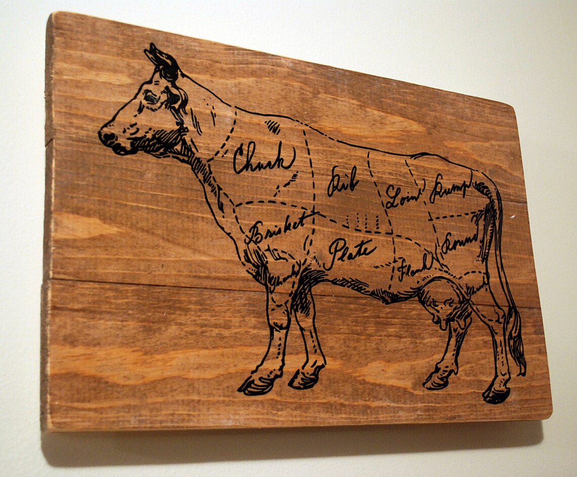 Butcher Chart Kitchen Wall Art Beef Diagram Sign on Distressed - Etsy