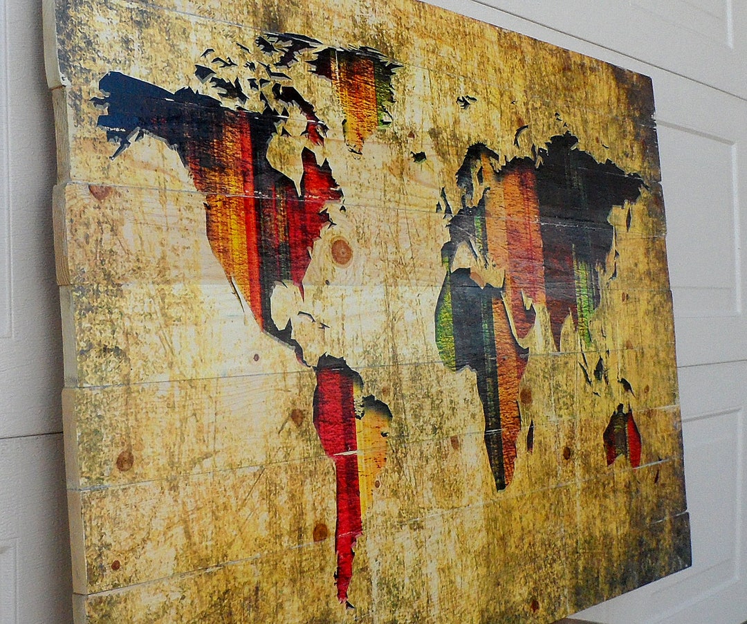 Rustic World Map on Wood Unique Wood Wall Art Picture Modern - Etsy
