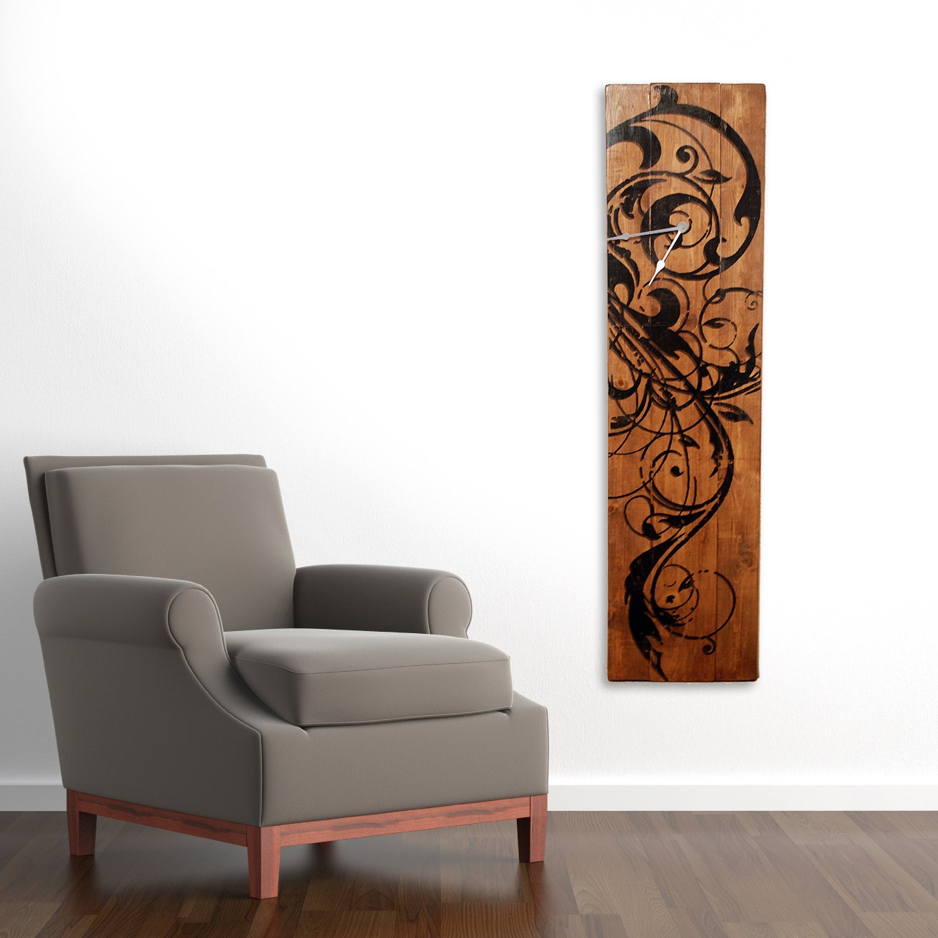 Extra Large Wall Clock Vine Scroll Art on Solid Wood Planks | Etsy