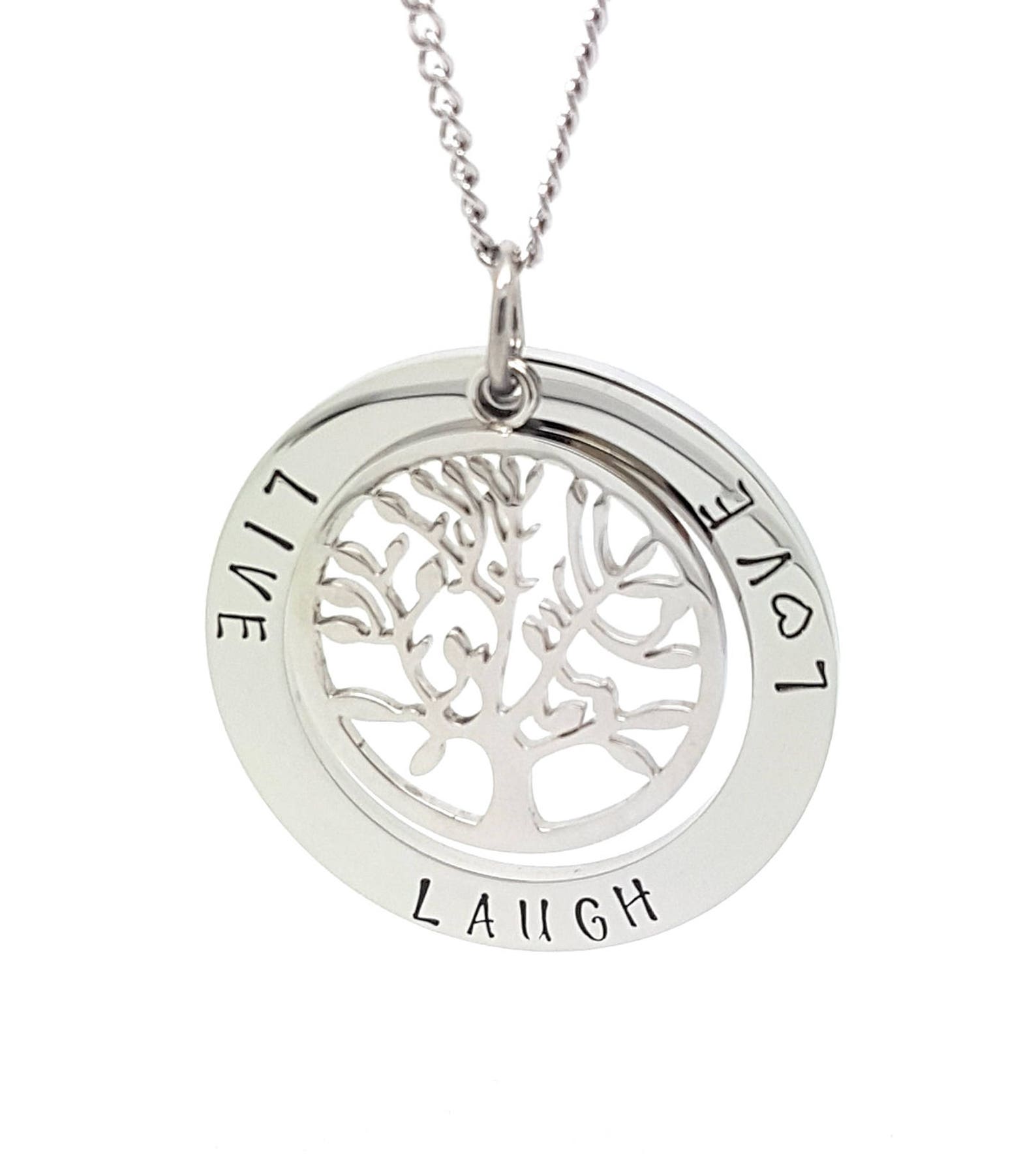 Large Hand Stamped Silver Pendant With Silver Large Tree of Life Charm ...
