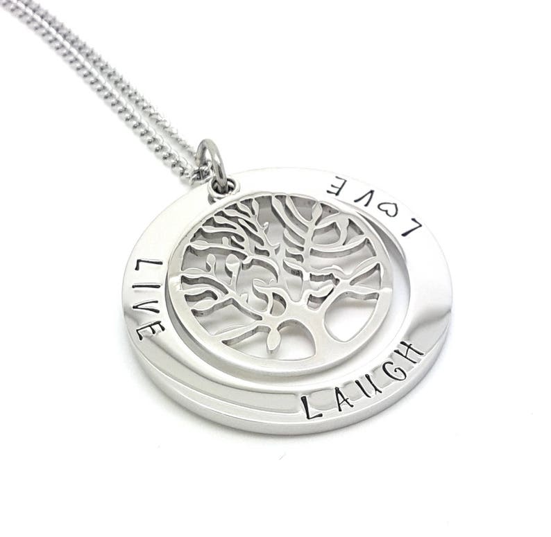 Large Hand Stamped Silver Pendant With Silver Large Tree of Life Charm ...