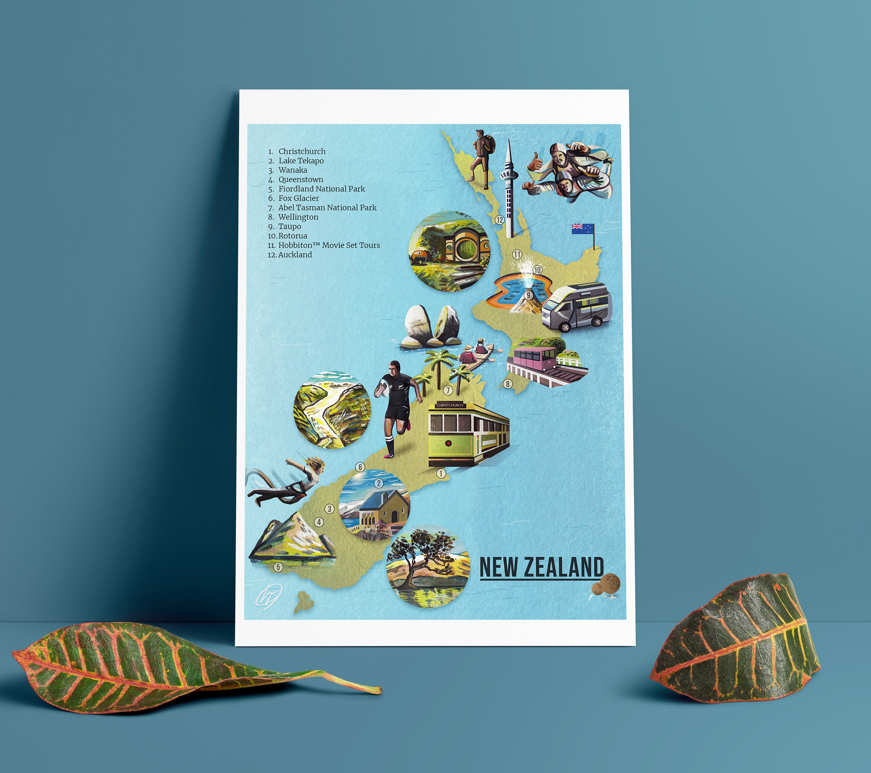 New Zealand Art Print Map A4 Illustration | Etsy