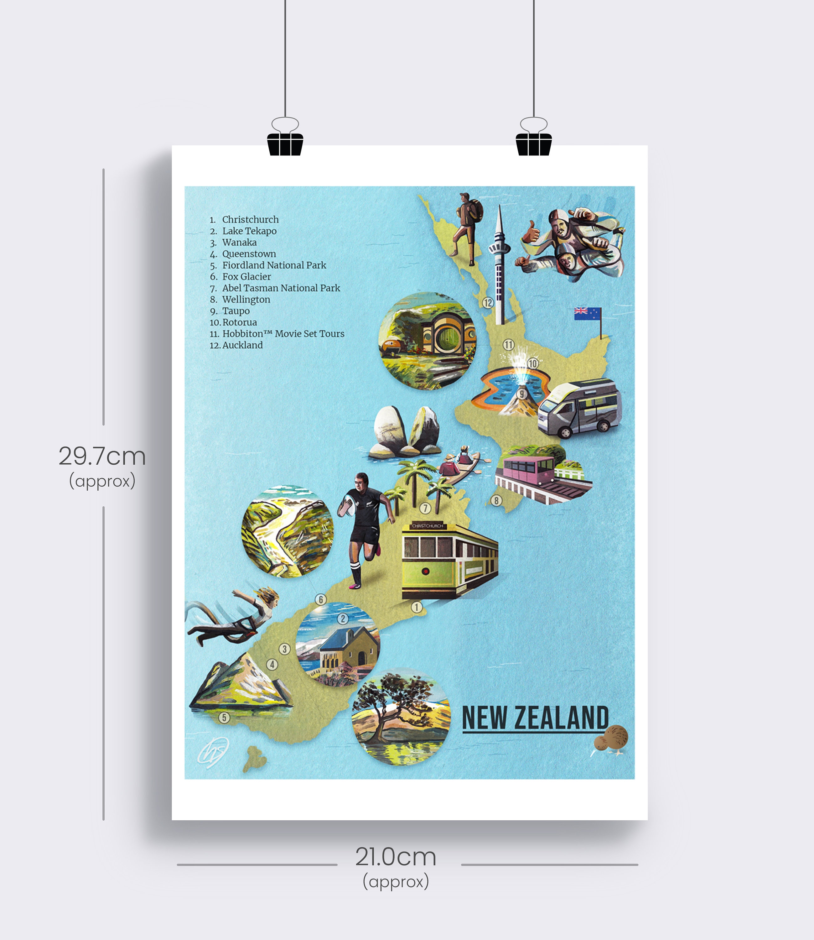 New Zealand Art Print Map A4 Illustration | Etsy