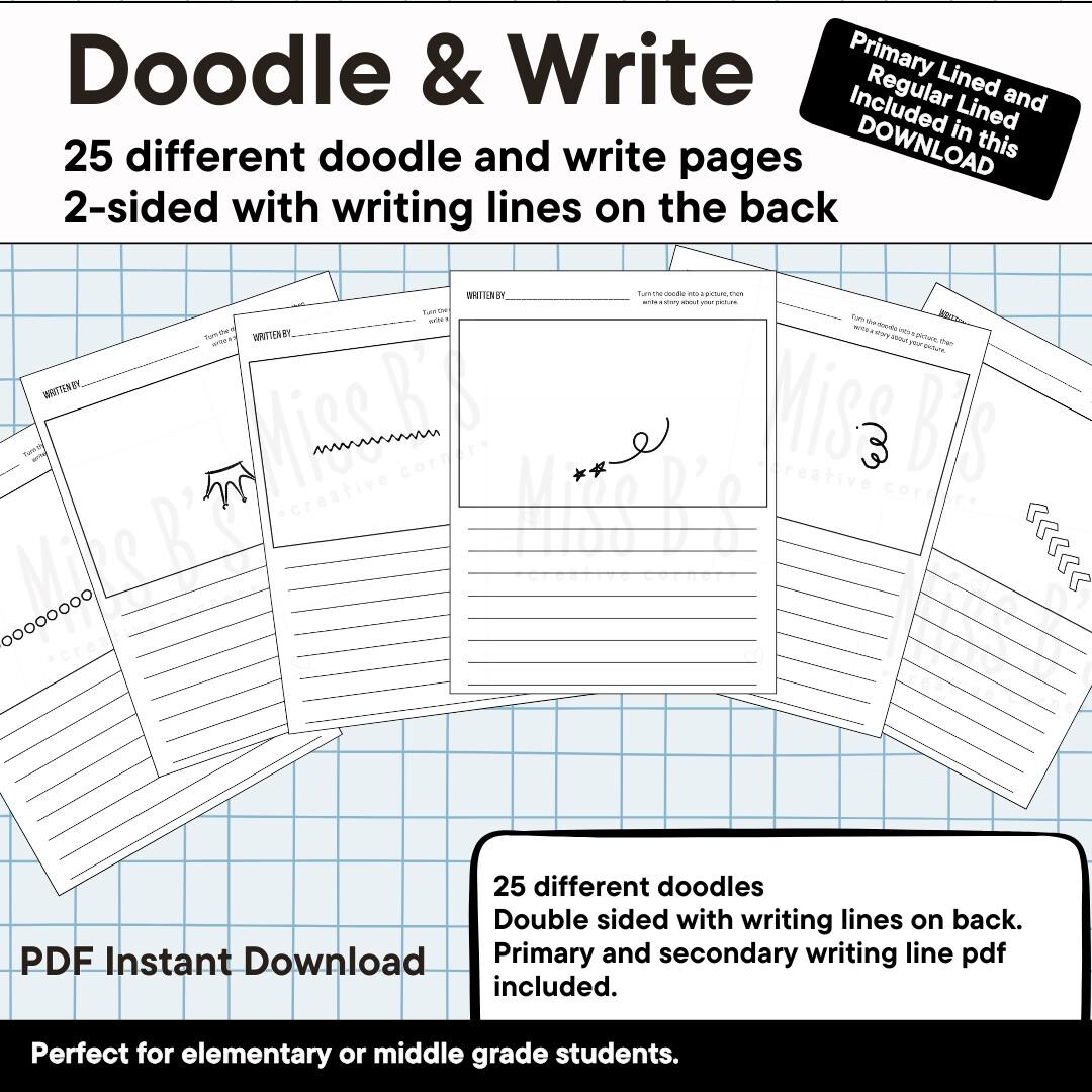 Doodle and Write Pages • 25 Prompts, Primary Lined & Regular Lined ...