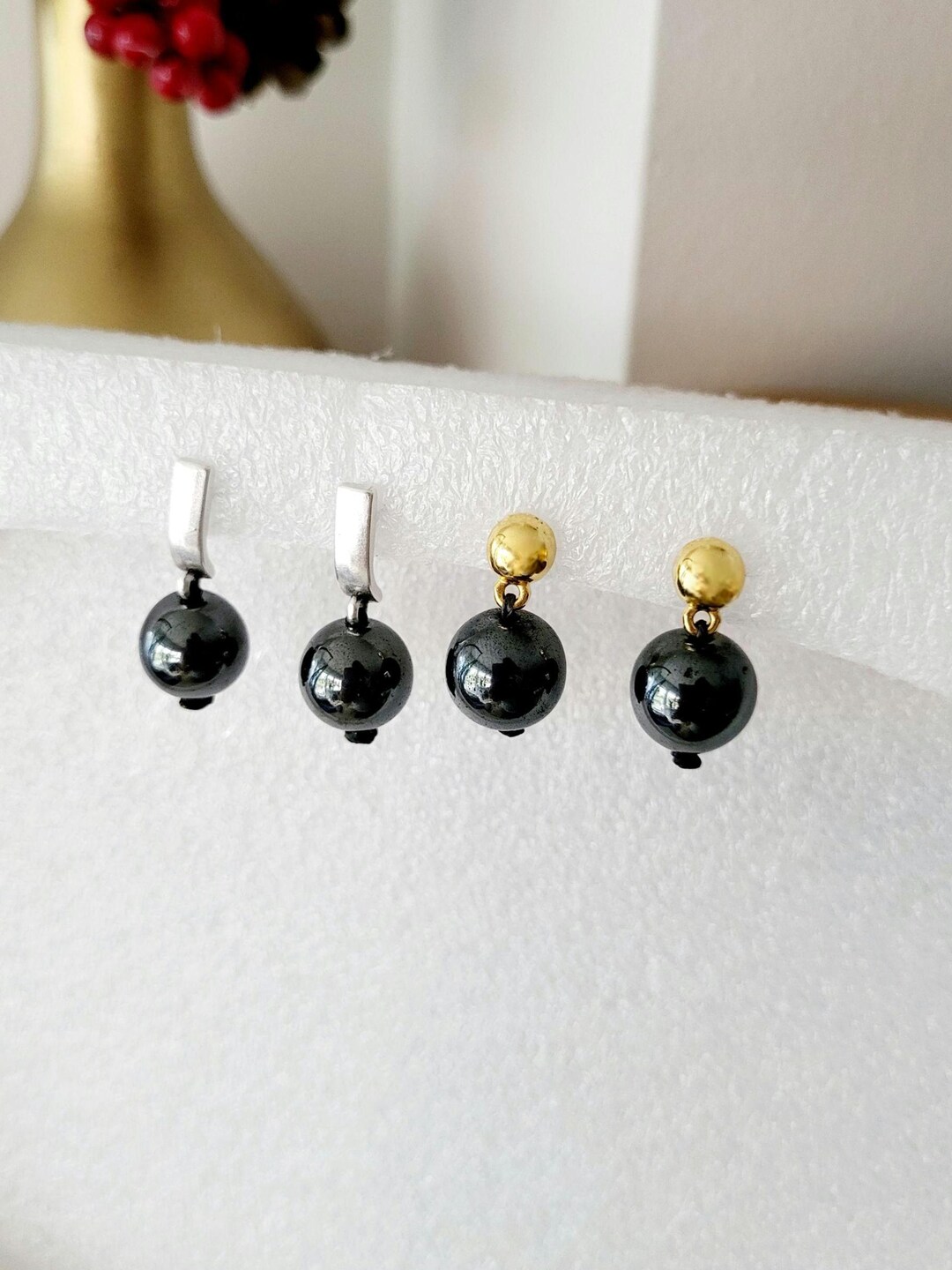 Black Hematite Sphere Stud Earrings, Silver or Gold Plated Brass. - Etsy