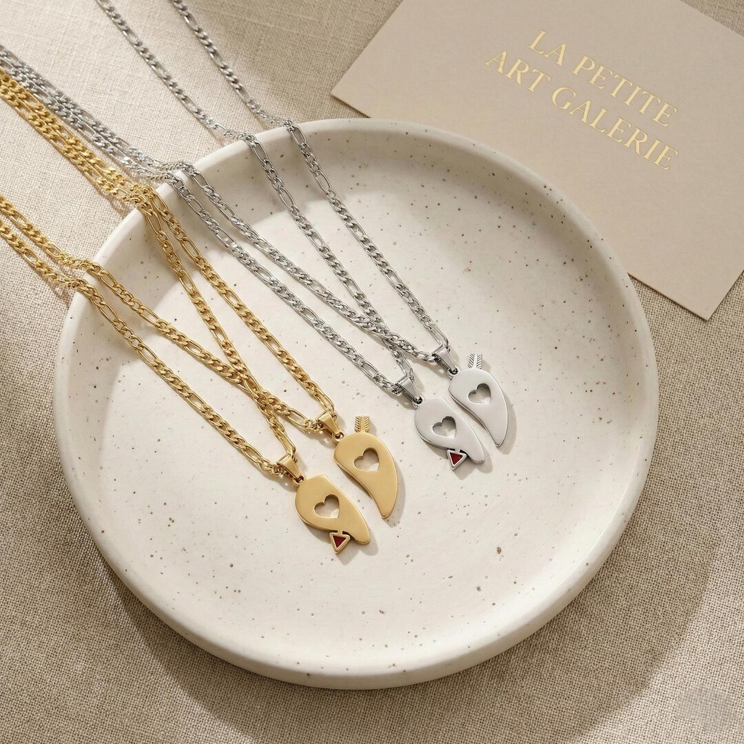Split Heart Pendant Necklace Set, 18k Gold Plated Stainless Steel ...