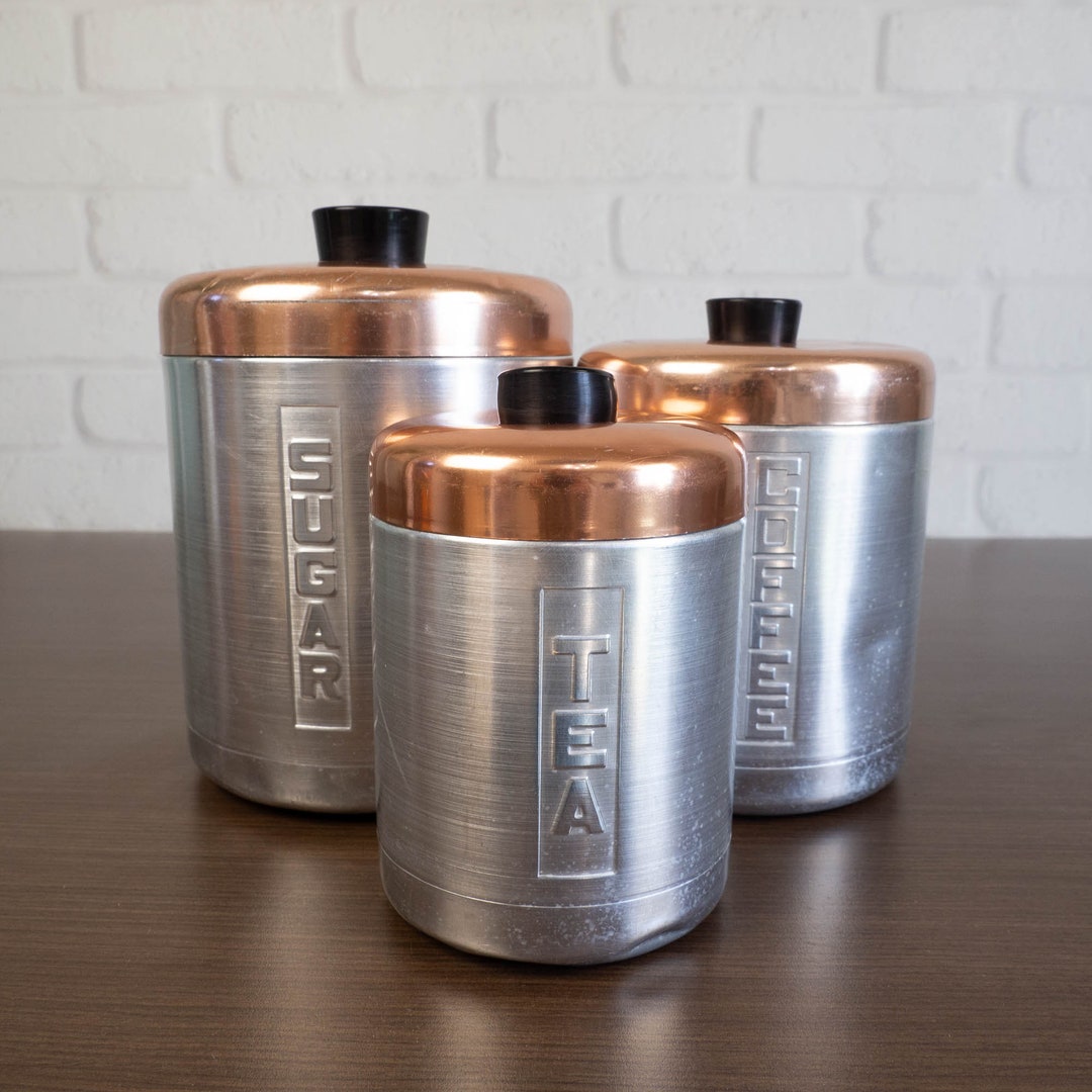 Mid Century Modern Kitchen Canisters, 3 Pc Spun Aluminum Metal Canister ...