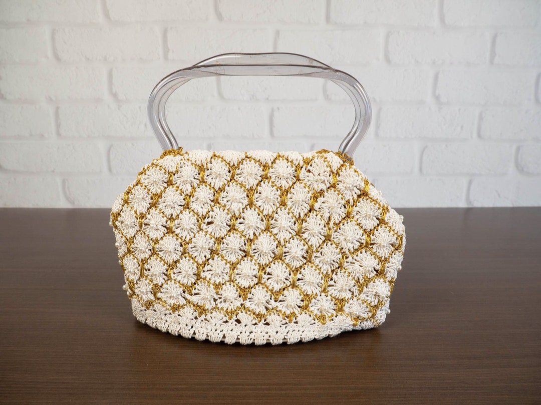 Vintage Crochet Beaded Purse With Lucite Handles, White Summer Bag - Etsy