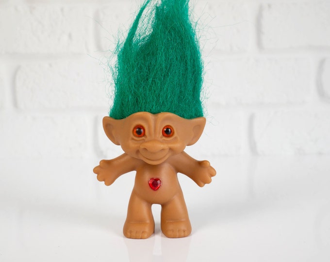 Vintage ACE Treasure Troll Green Hair Orange Eyes Red Heart Wishstone ...