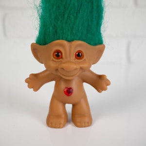 Vintage ACE Treasure Troll Green Hair Orange Eyes Red Heart Wishstone ...