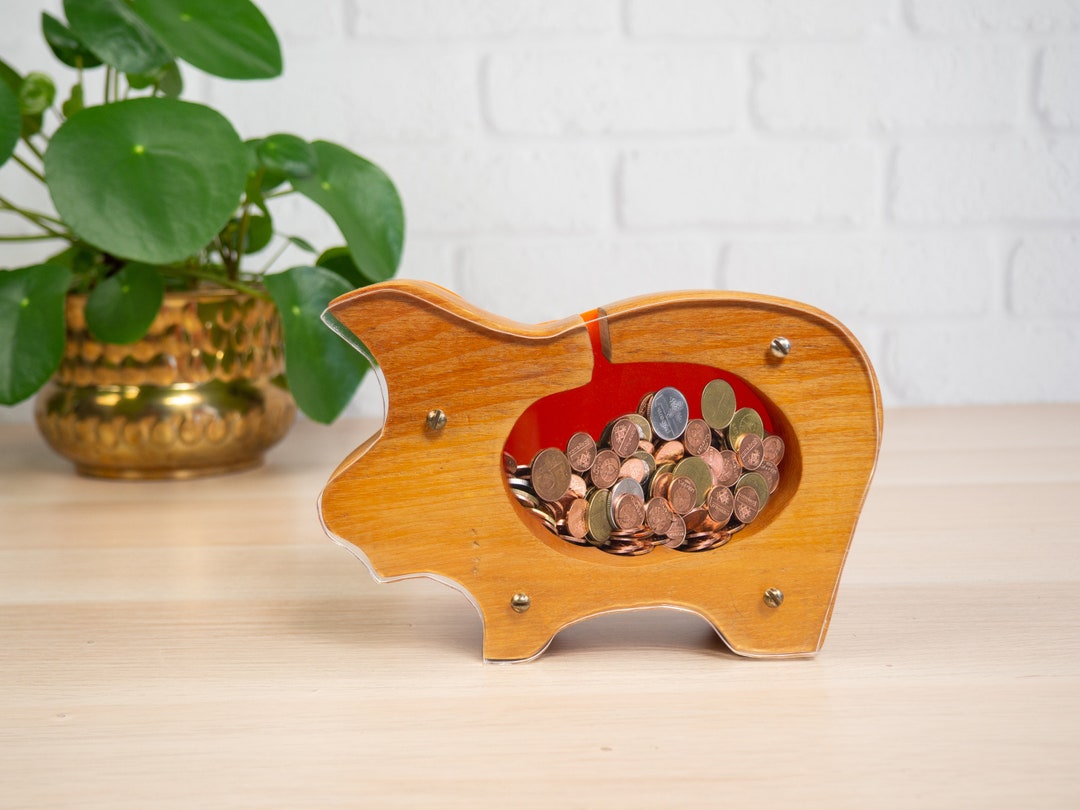 Vintage Wooden Piggy Bank, See Through Coin Bank, Pig Shaped Coin Money ...