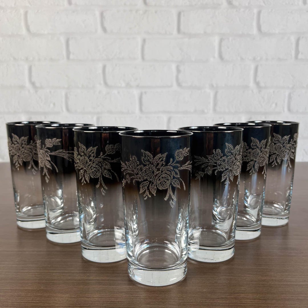 MCM Vitreon Queen's Lusterware Etched Rose Silver Ombre Highball ...