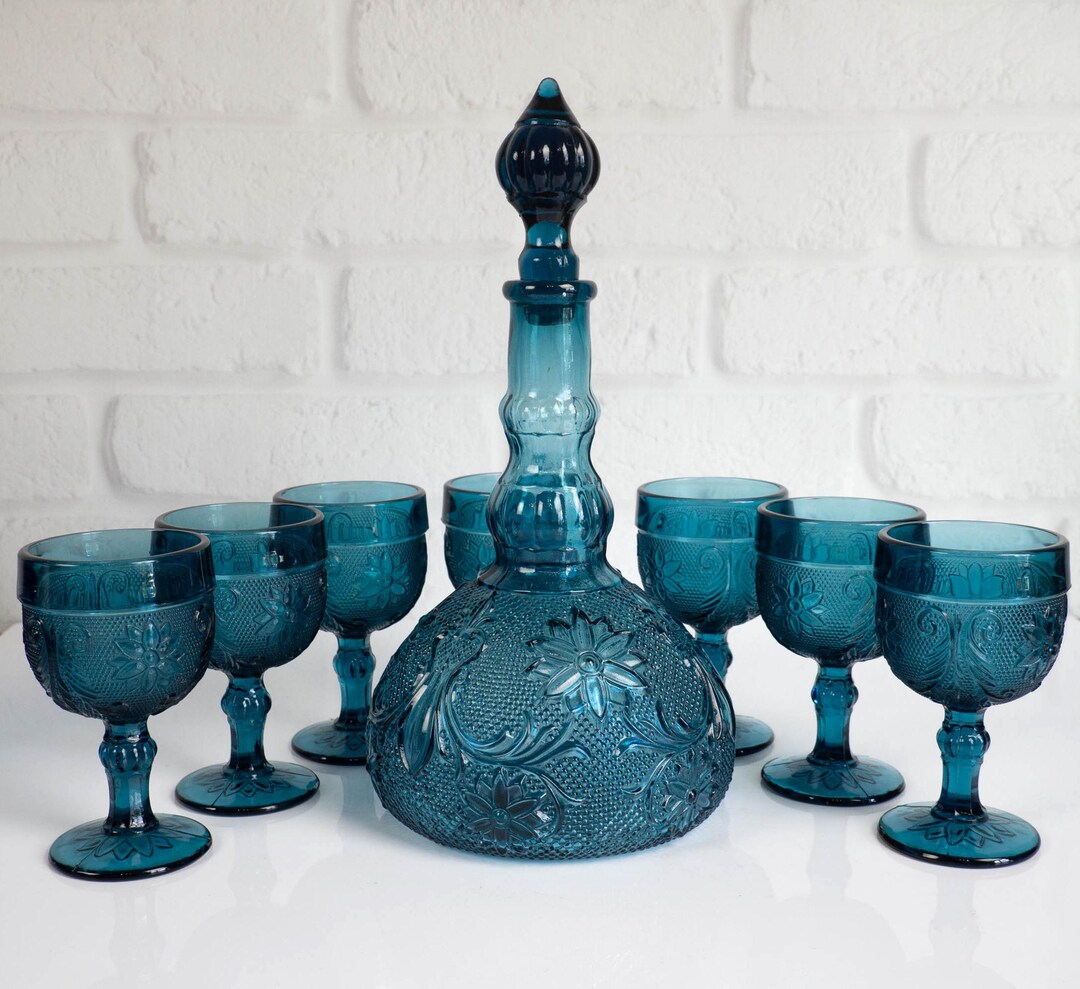 Tiara Sandwich Glass Decanter Set Colonial Blue, Genie Bottle and 7 ...