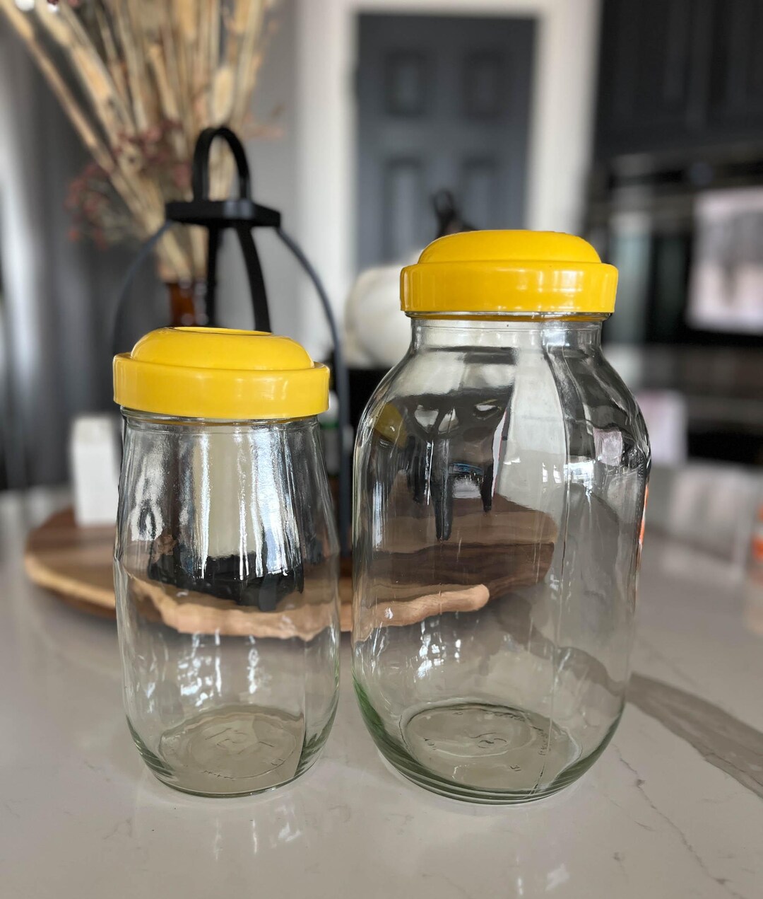 Vintage Carlton Glass Jar 1.5L or 3.0L Yellow Lid Canisters Retro Mid ...