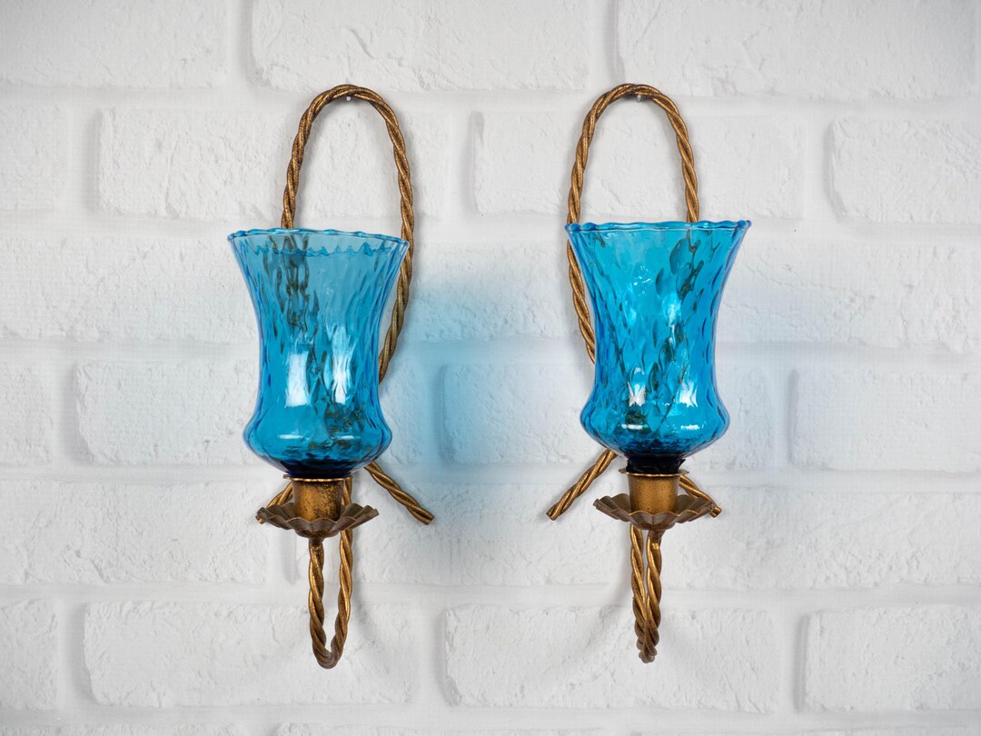 Gold Twisted Rope Candle Sconces With Blue Glass Votive Holders Regency ...