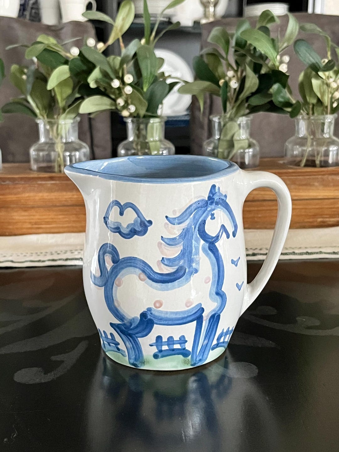 M.A. Hadley Pottery Country Scene Blue Horse Pitcher 24 Oz - Etsy