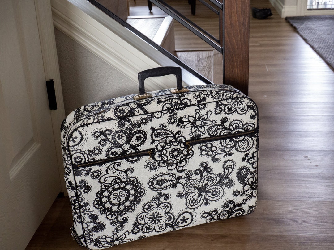Mod Flower Power Vinyl Suitcase Black and White Paisley Floral Print ...