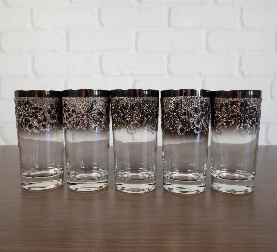 MCM Vitreon Queen's Lusterware Etched Grape Vine Silver Ombre Highball ...