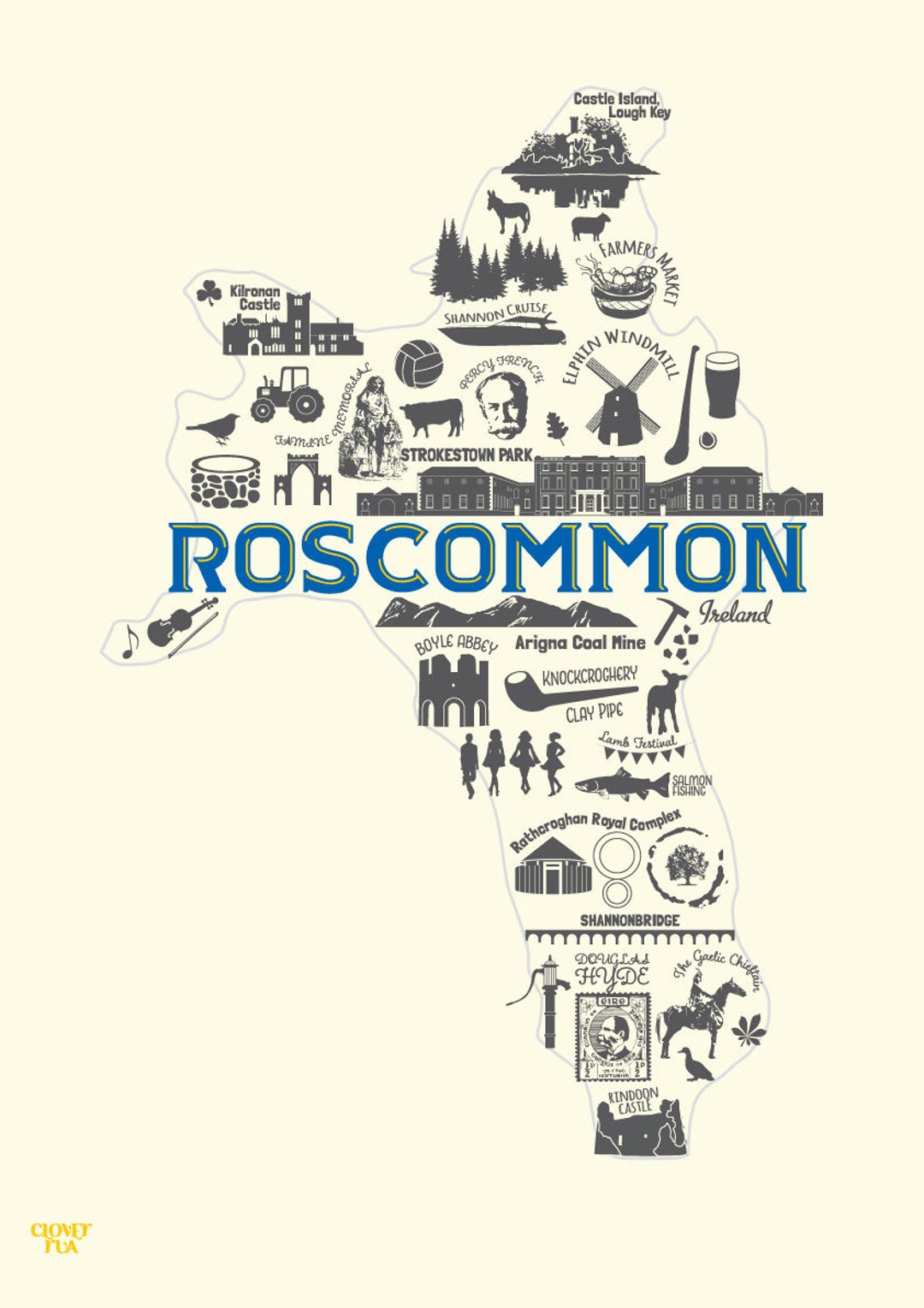 Roscommon Icon Print: A Detailed Graphic Study Depicting the County's ...