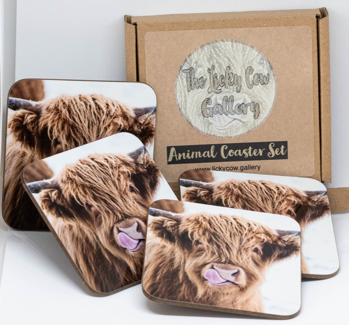Highland Cattle 'Licky Cow' Coaster Set. Four Matching | Etsy
