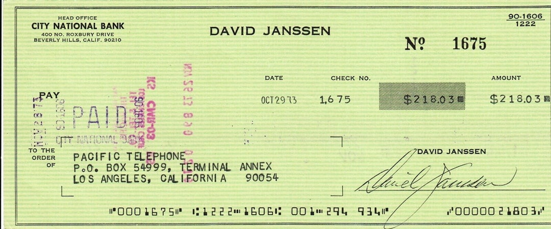 Signed and Cancelled Check by DAVID JANSSEN! - Etsy
