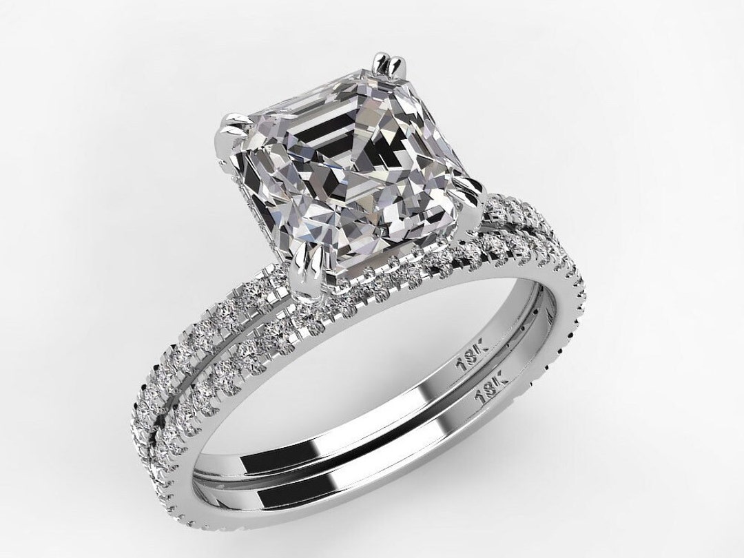 Asscher Cut Engagement Ring Set, Pave Diamond Wedding Band Set by ...