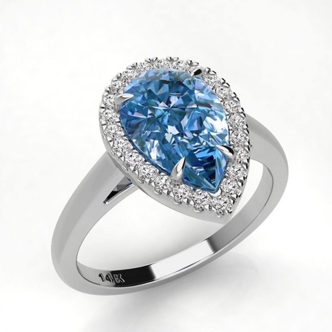 2carat Vivid Fancy Blue Pear Shape Lab Grown Diamond Ring, Diamond Halo ...
