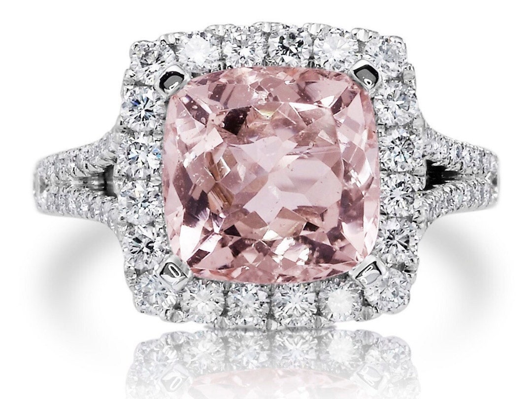 Pink Cushion Cut Morganite Engagement Ring: Diamond Halo, 14k White ...
