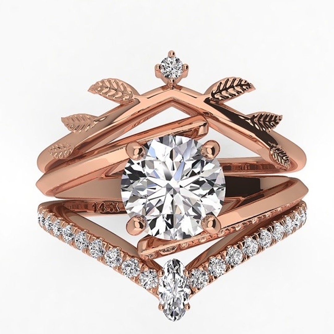 Solitaire Ring Rose Gold 3 Piece Wedding Ring Set Round Moissanite ...