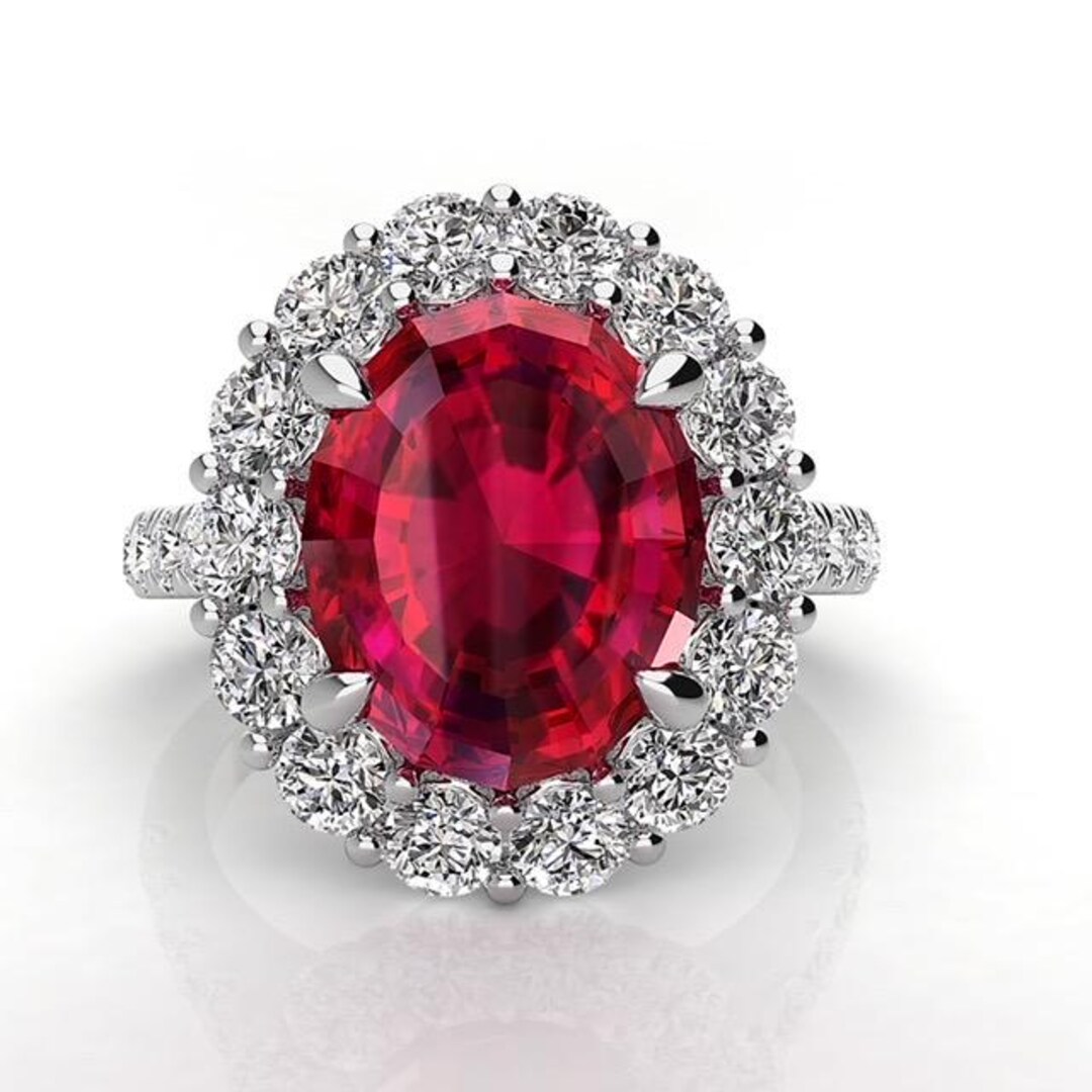 3.50 Carat Oval Ruby Red Diamond Halo Vintage Style Ring, July Birthday ...