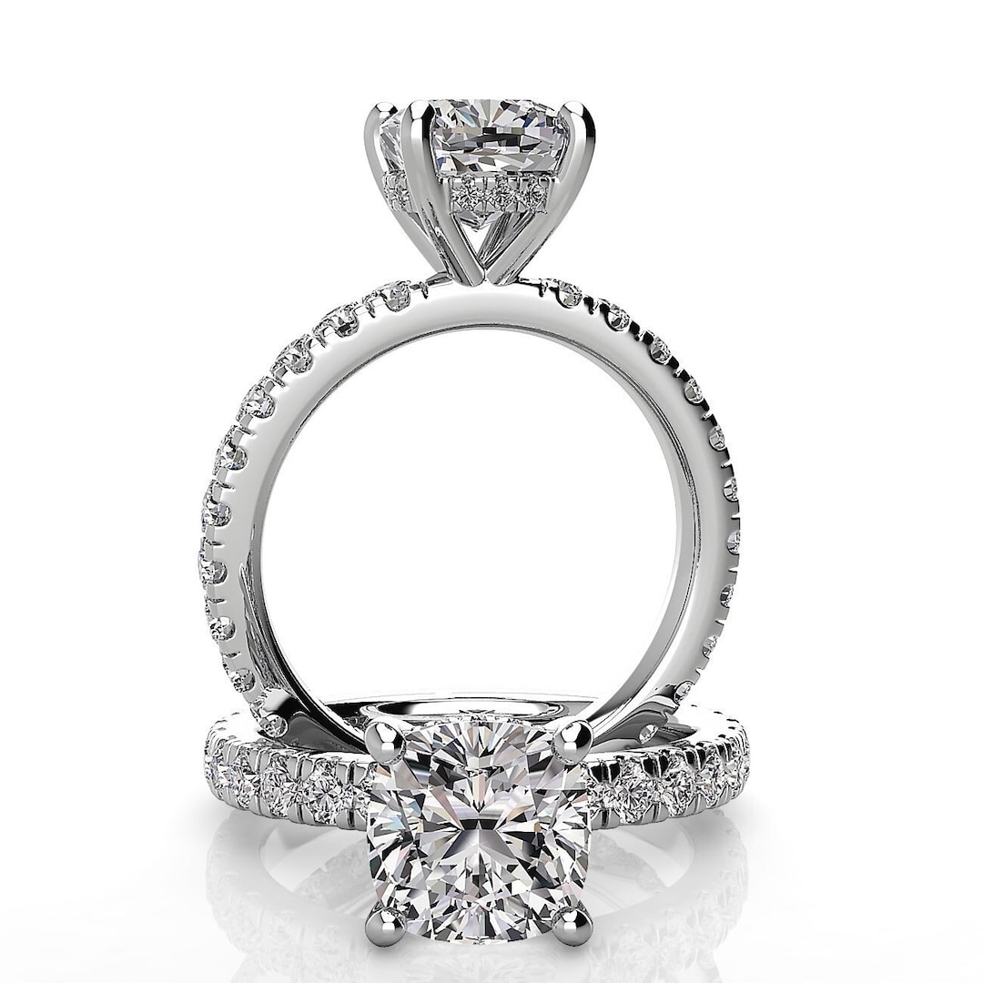 Cushion Cut Engagement Ring ,hidden Halo Wrap V Prong Gallery, Pristine ...
