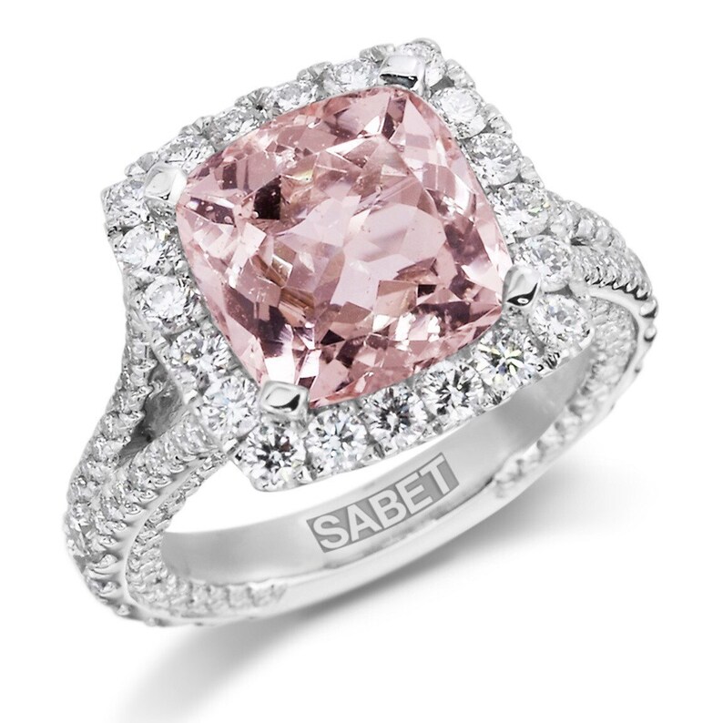 Pink Cushion Cut Morganite Engagement Ring: Diamond Halo, 14k White ...
