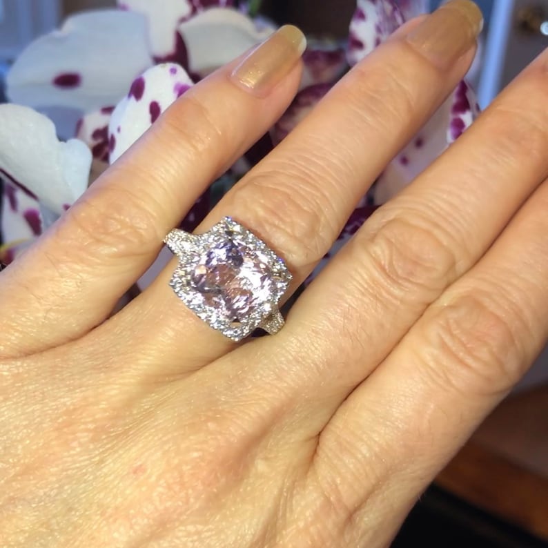 Pink Cushion Cut Morganite Engagement Ring: Diamond Halo, 14k White ...