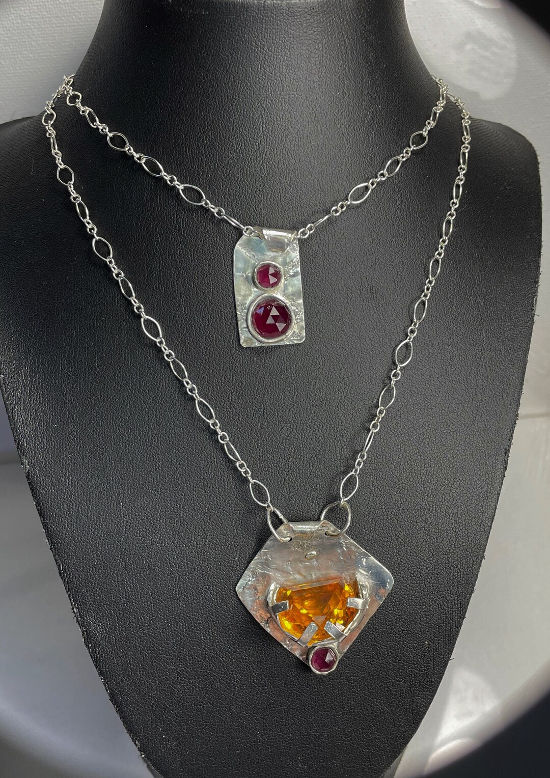 Two Strand 925 Silver Necklace With Garnets and Citrine Gemstone - Etsy