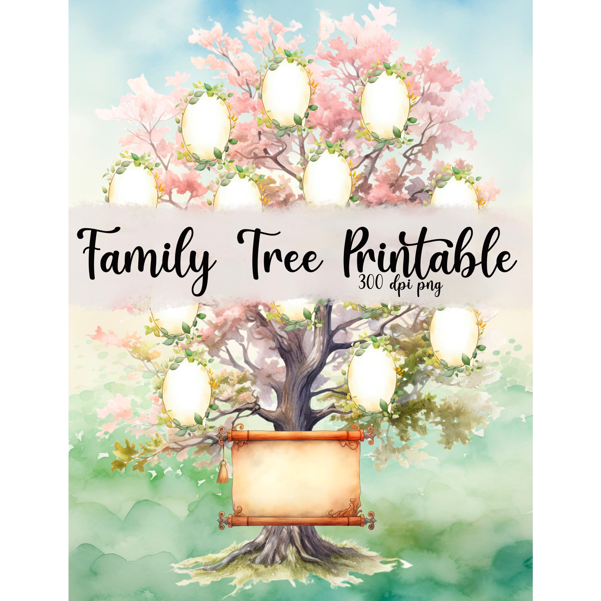 Watercolor Family Tree Print Printable PNG Family Tree Wall Art Custom ...