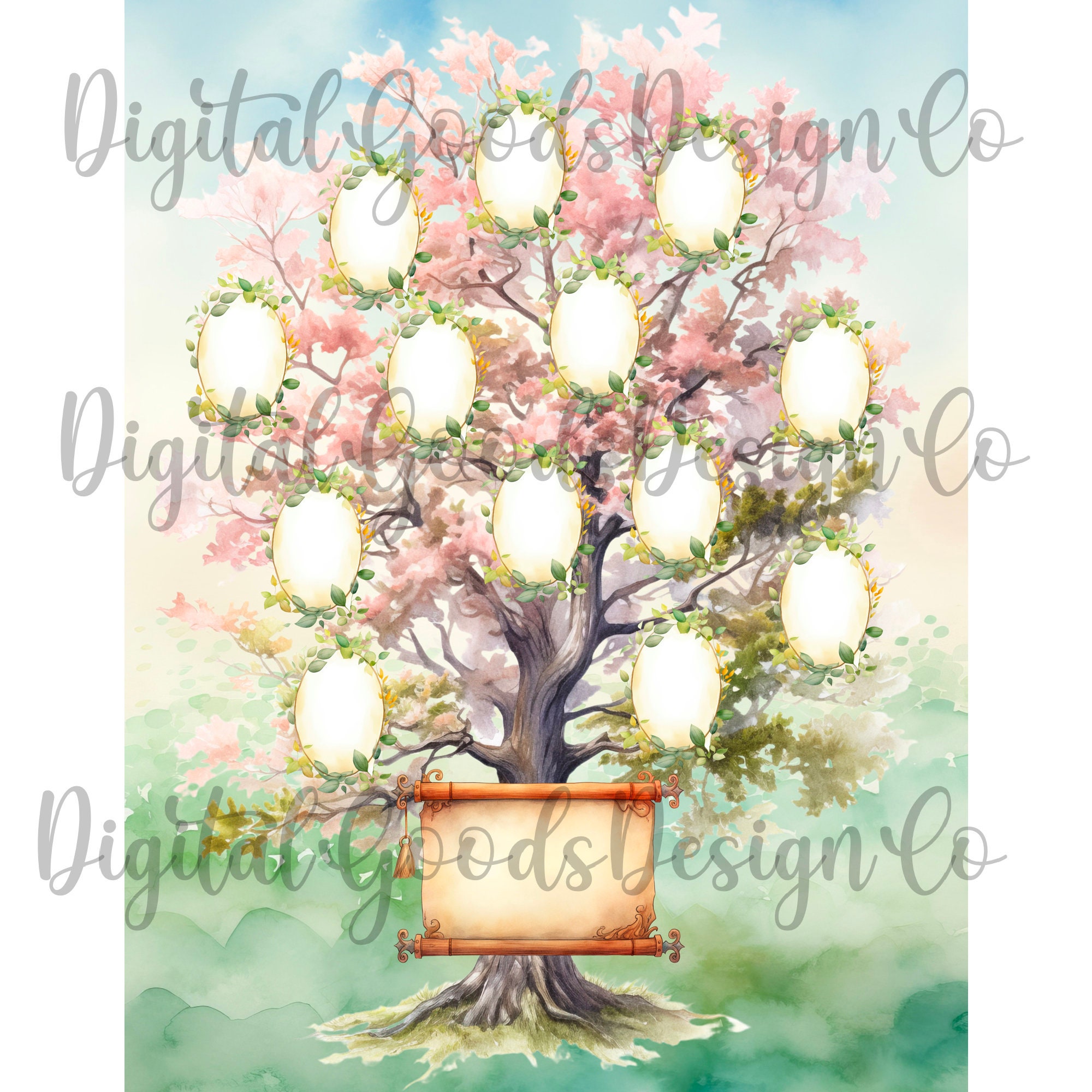 Watercolor Family Tree Print Printable PNG Family Tree Wall Art Custom ...