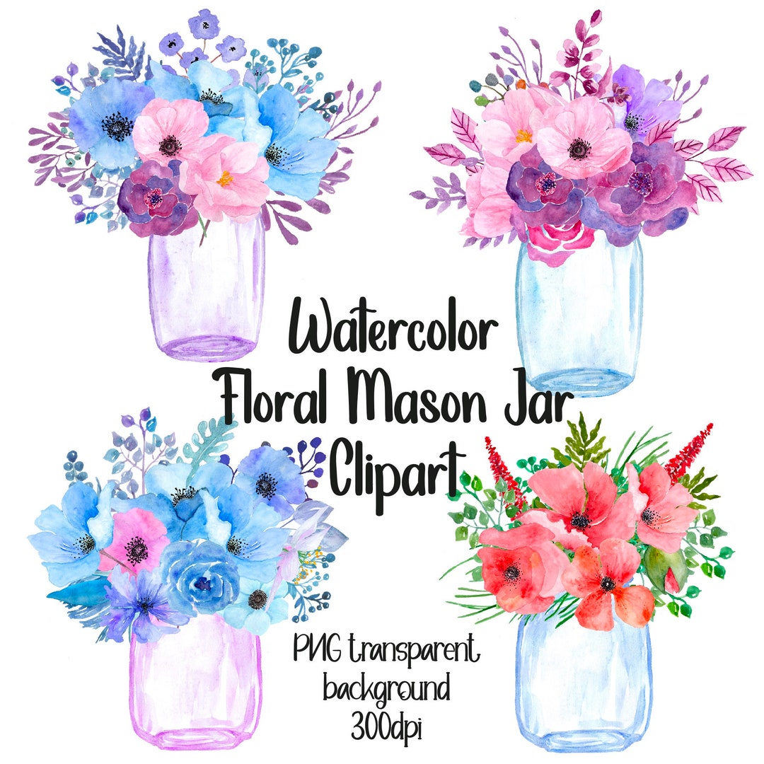 Watercolor Floral Mason Jar Clipart, Transparent PNG (digital Download ...